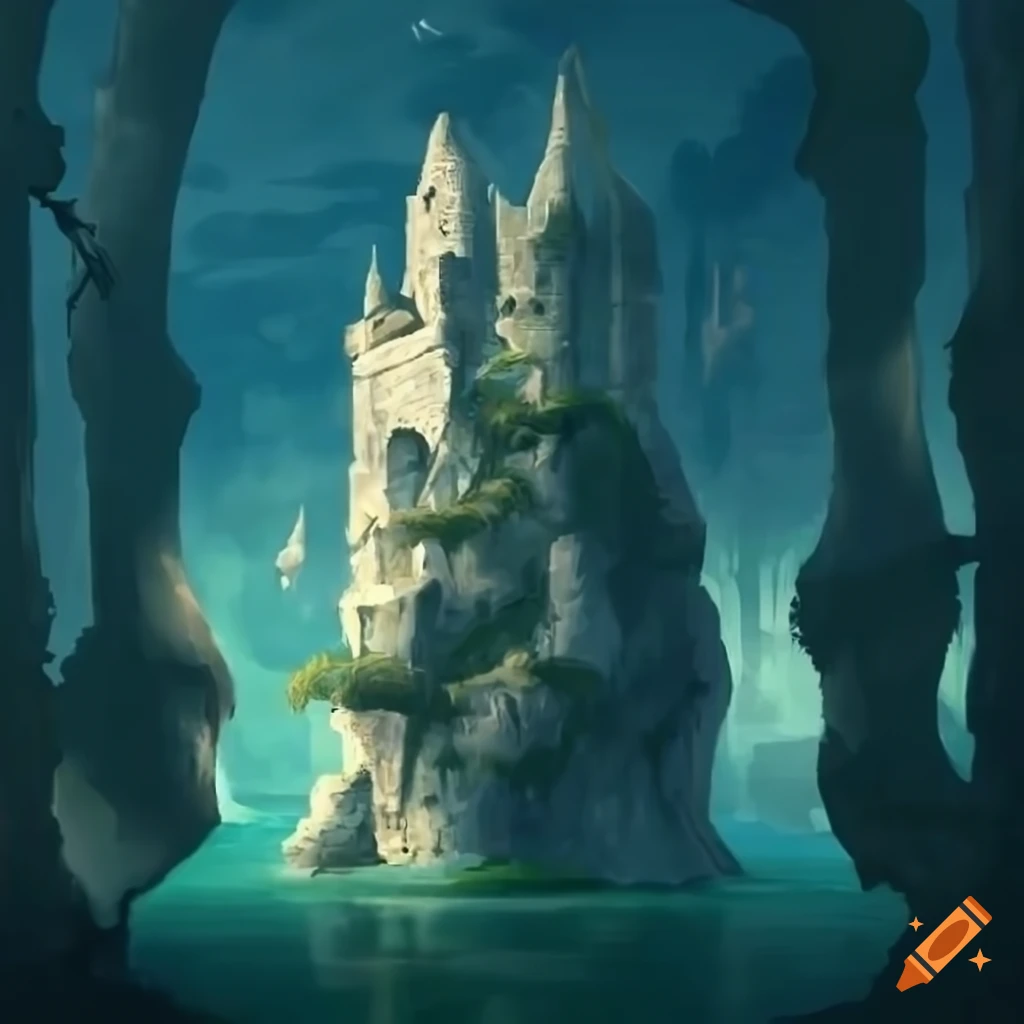 Shining white stone fortress surrounded by ocean, with crumbling towers ...