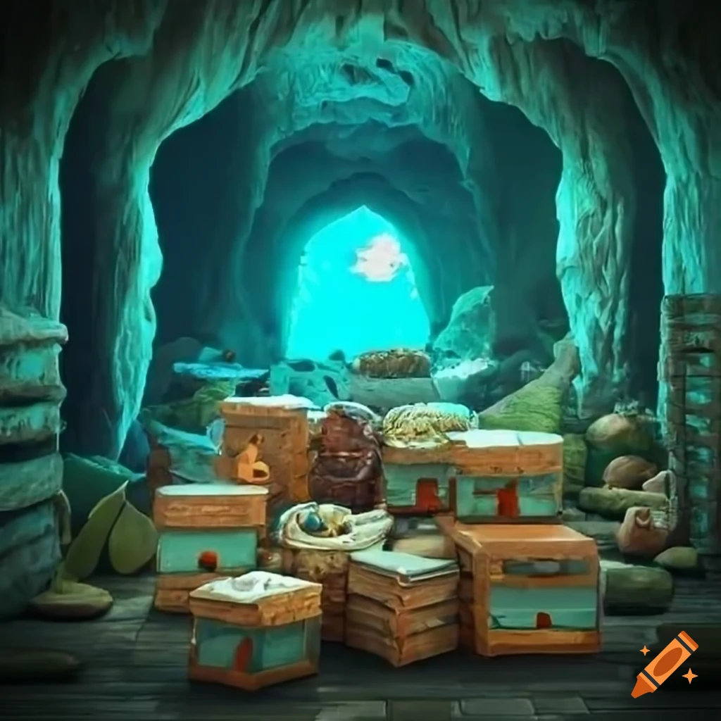 Large cave filled with crates of food and resources with weapons on the ...