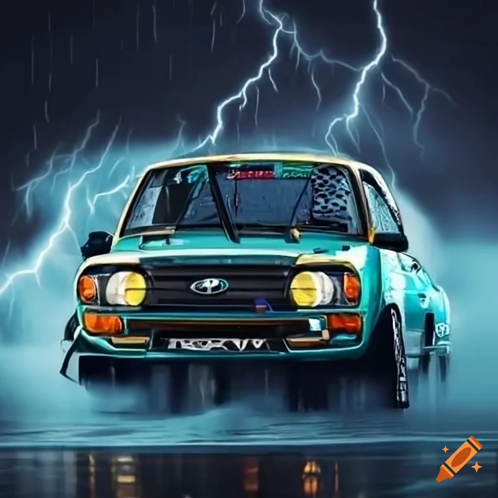 Tuned lada racing in intense thunderstorm rainfall on Craiyon