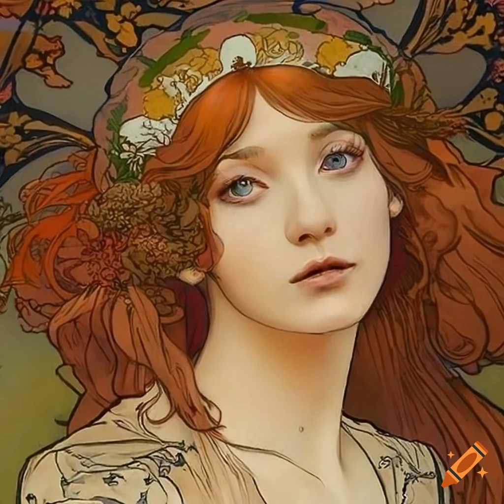 Portrait of a woman with brown hair and grey eyes by Alphonse Mucha on ...