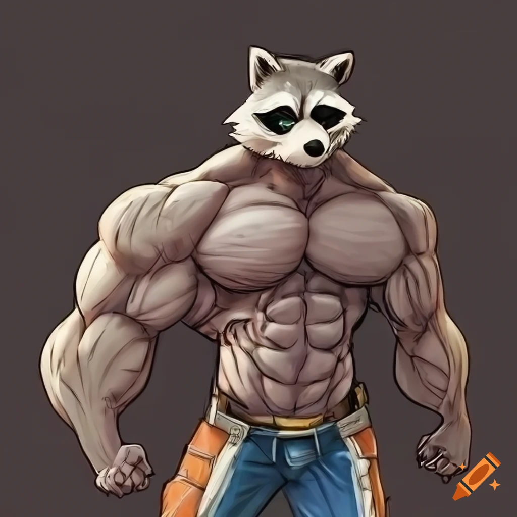 Muscular anthropomorphic rocket raccoon flexing muscles on Craiyon