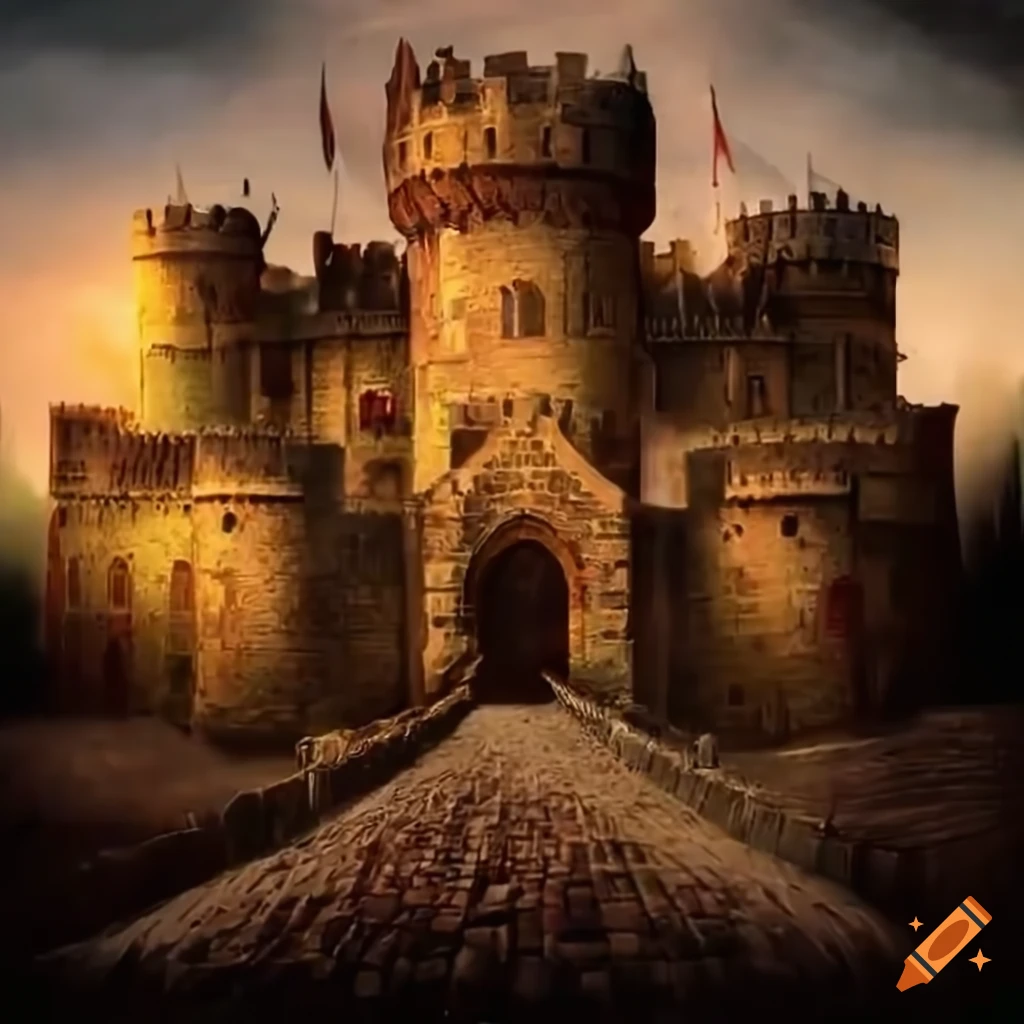 Medieval battle in front of a castle in realistic art style on Craiyon
