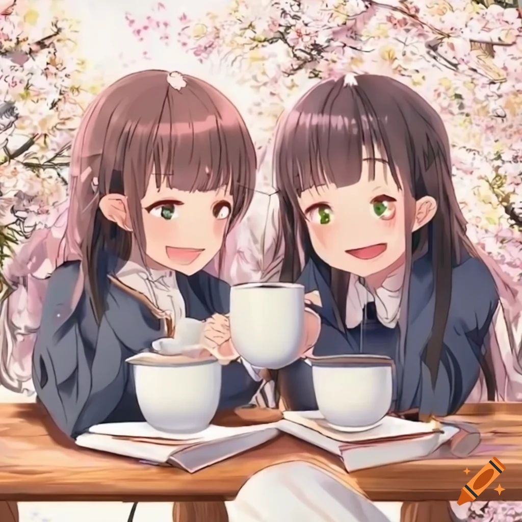 Cheerful anime girls studying and enjoying tea in a flowering tearoom ...