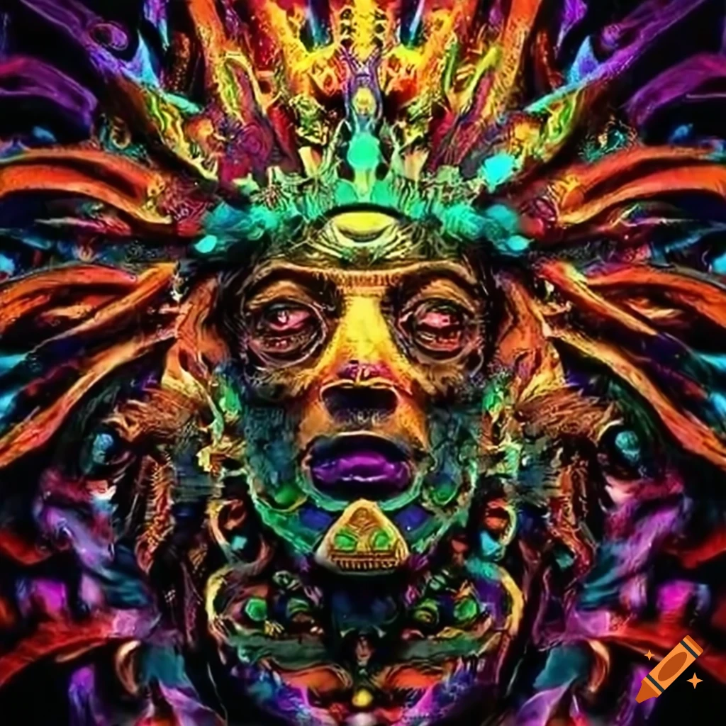 Dramatic cinematic psychedelic aztec king anime chaos on Craiyon