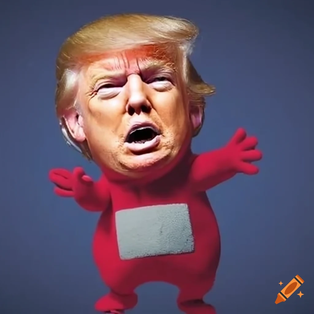 Satirical portrayal of a teletubby resembling donald trump on Craiyon