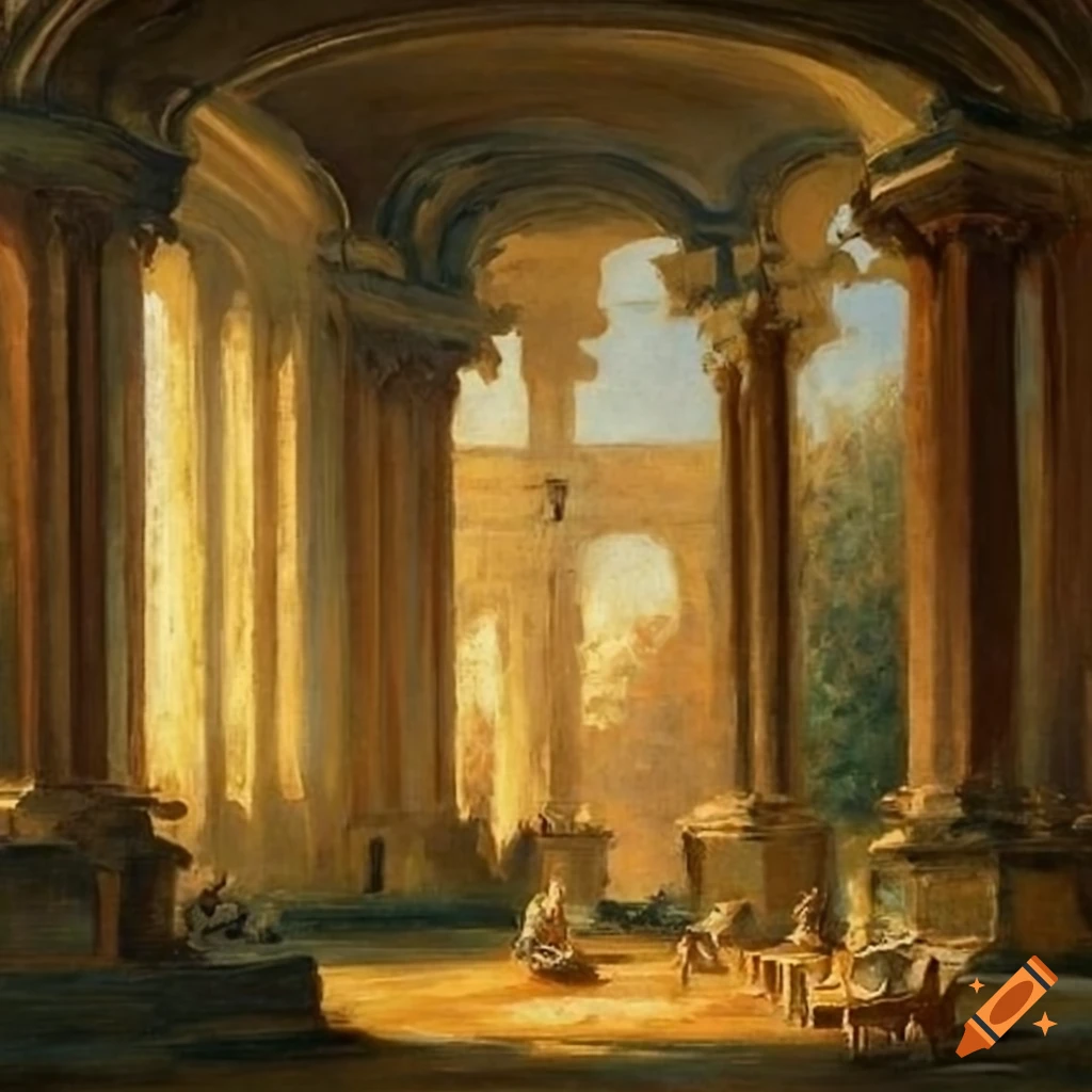 Neoclassical Roman ruins with a lovely sky and lanterns under Nordic ...