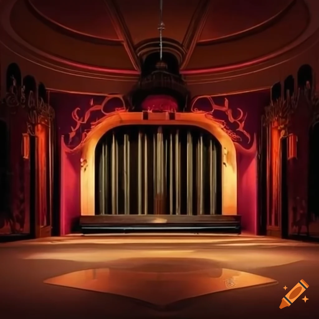 Spacious empty music venue with a bar, stage, and art deco theme on Craiyon