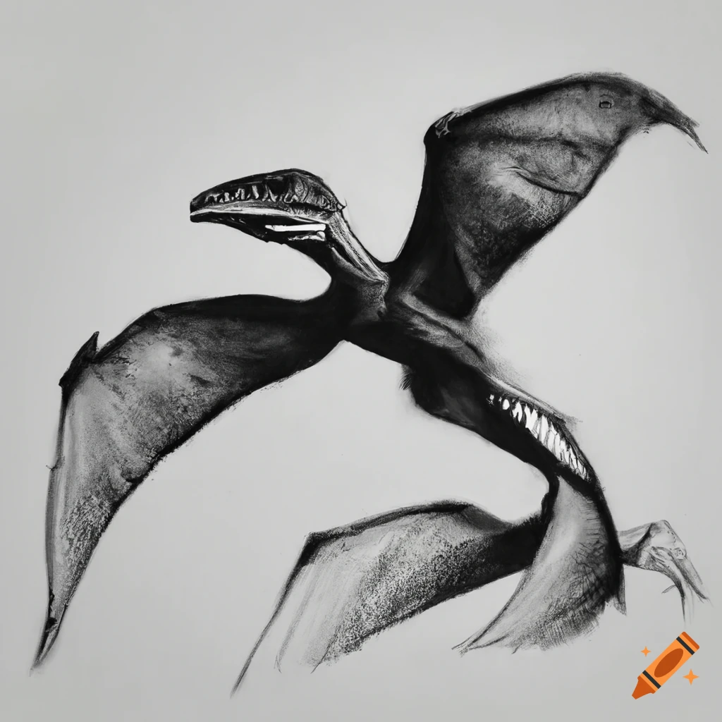 Charcoal drawing of flying dimorphodon in black and white on Craiyon
