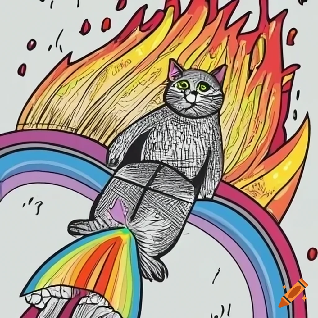 Cat riding rocket with rainbow trail on Craiyon