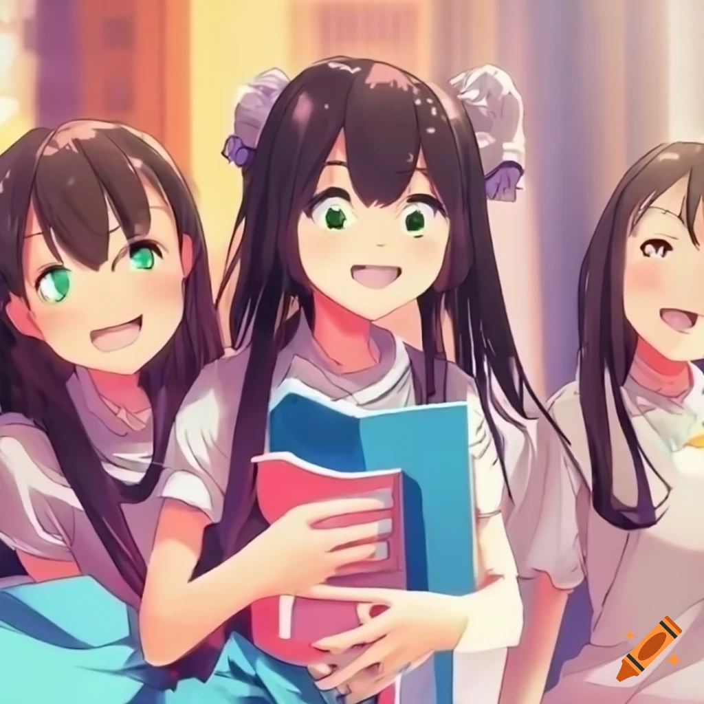 Group of cheerful anime girls studying in mit university library on Craiyon
