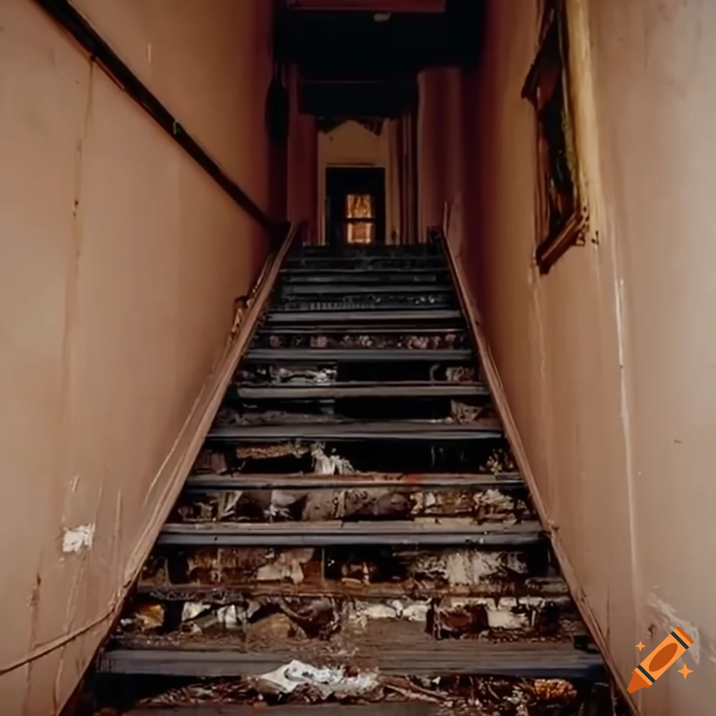 Abandoned New York apartment stairs leading to flooded area in the ...