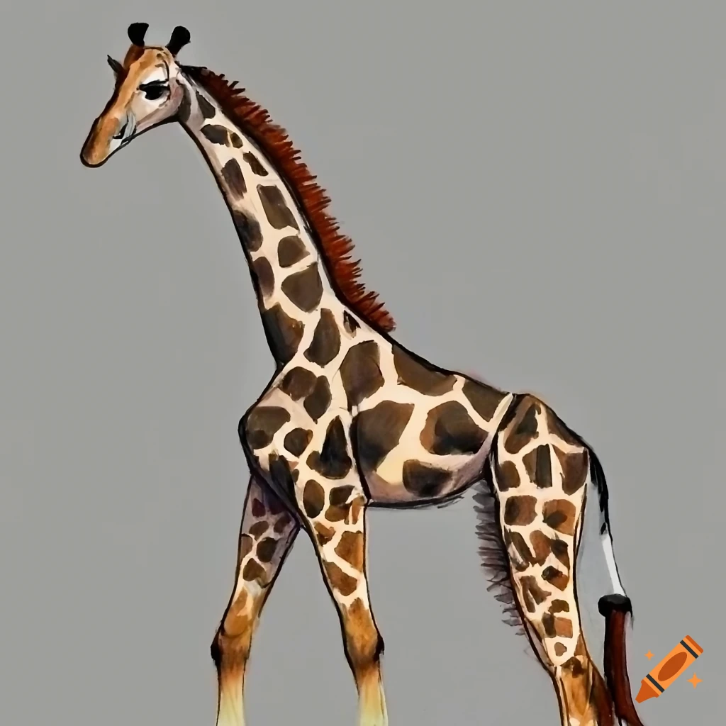 Realistic drawing of a giraffe with long neck and spotted coat on Craiyon