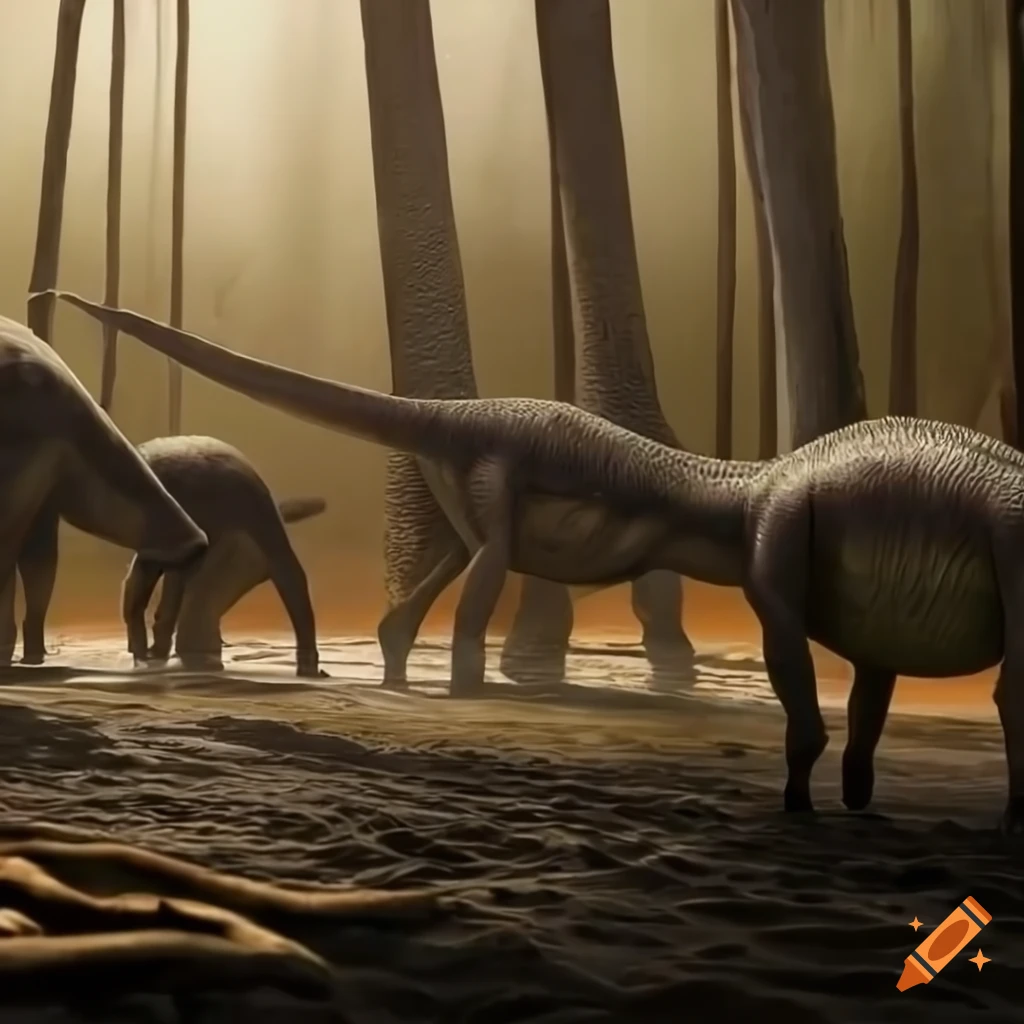 Striped hadrosaurus dinosaurs roaming by a forest lake in cold morning ...