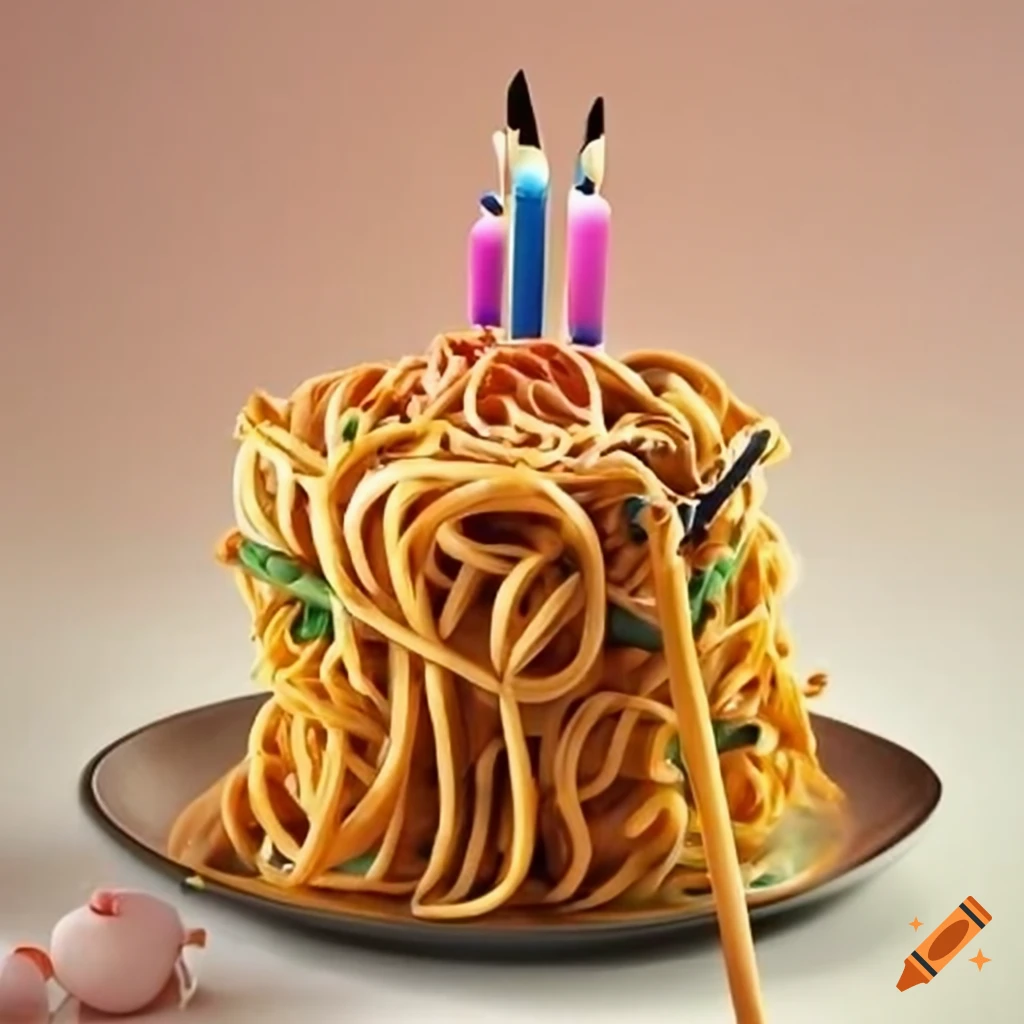 Lo mein shaped like cake with birthday cake toppers on Craiyon