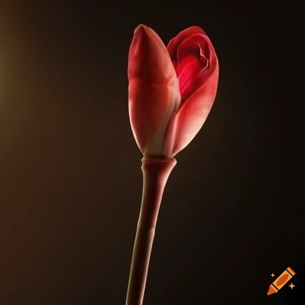 Rococo style painting of a mysterious red flower bud with golden leaves ...