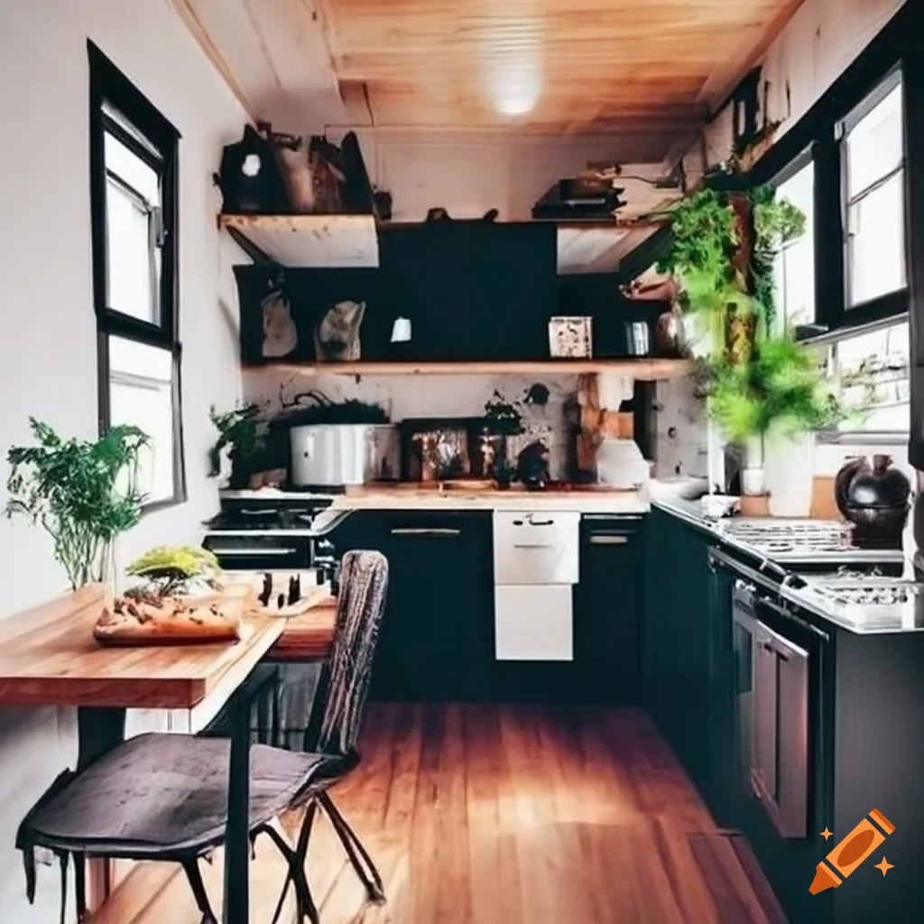 Rustic functional tiny house with black and white interior including kitchen and plants on Craiyon