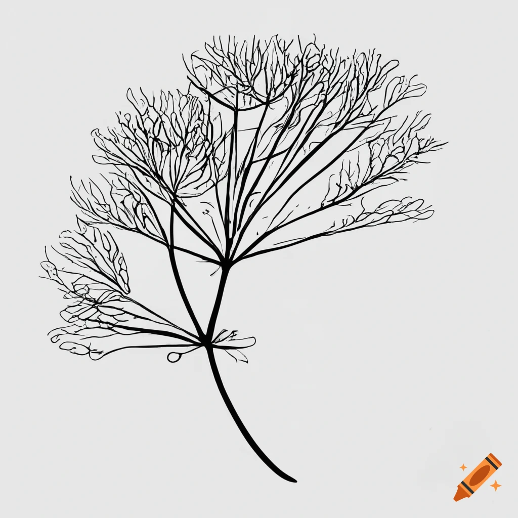 Black and white hand-drawn side view of dill plant on white background ...