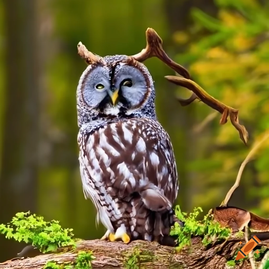 Great grey owl perched in the antlers of an elk under an oak tree on ...