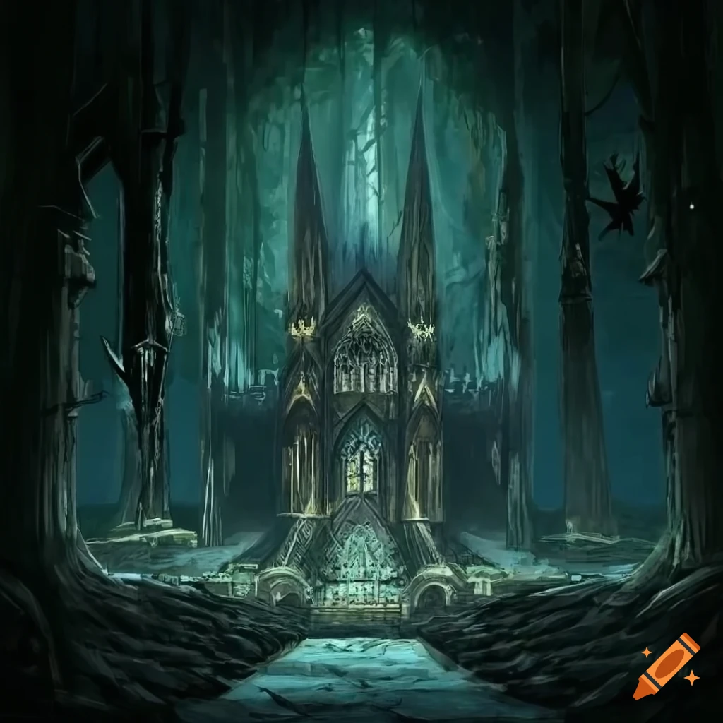 Cathedral in a forest with dark atmosphere on Craiyon