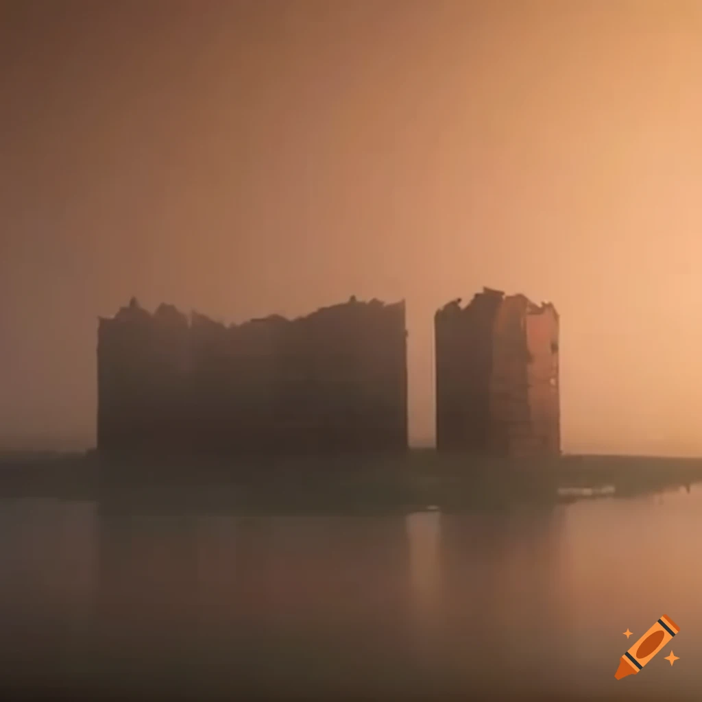 Close-up of crumbling abandoned buildings sinking into ocean in a pale ...