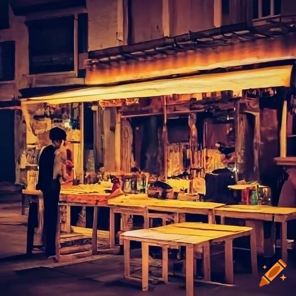 Melancholic vintage late night doner kebab joint with outside tables in ...