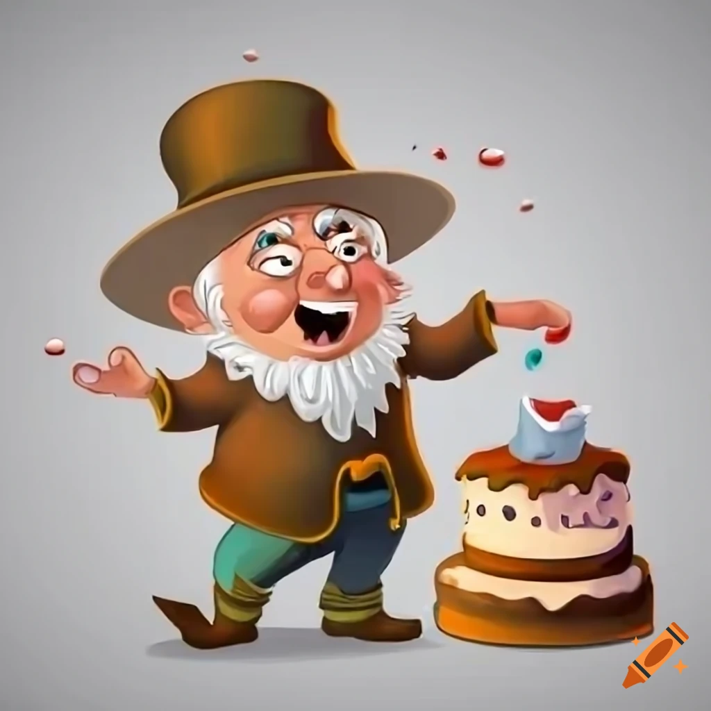 Cartoon image of a dwarf throwing a cake at Chaplin on Craiyon