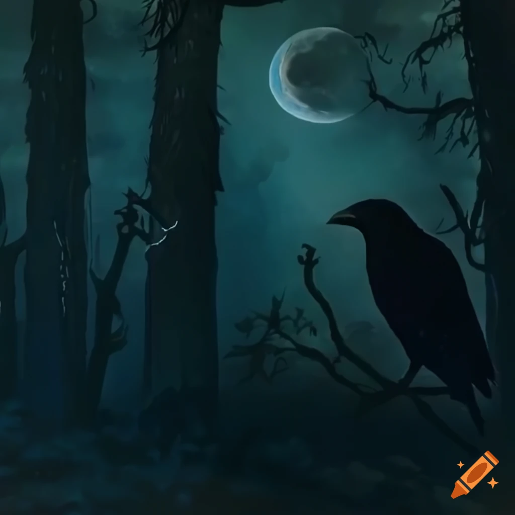 Raven in a twilight pine forest with stars and moon in 8k ultra high resolution on Craiyon
