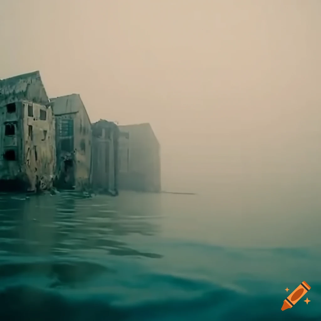 Crumbling abandoned buildings sinking into ocean in a pale orange fog ...