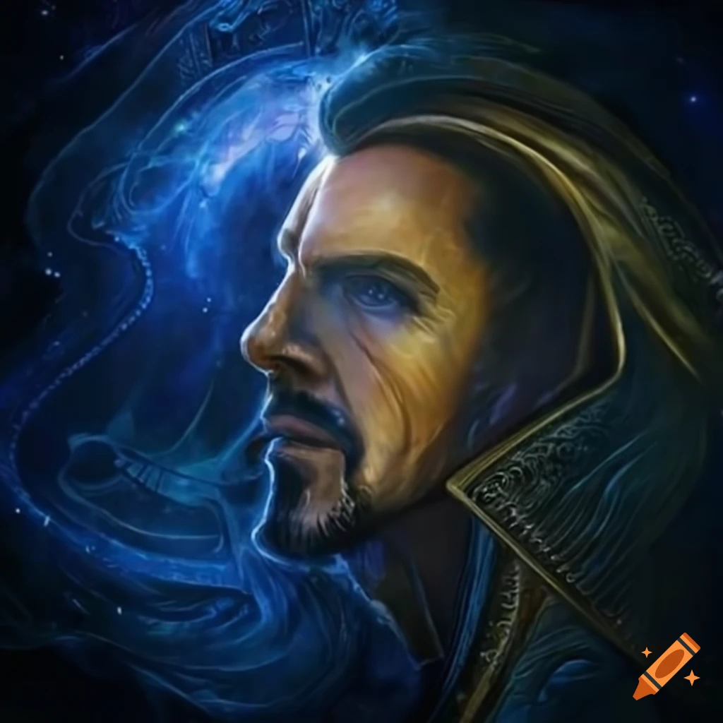 Doctor strange in gold and white armor against a cosmic backdrop in a ...