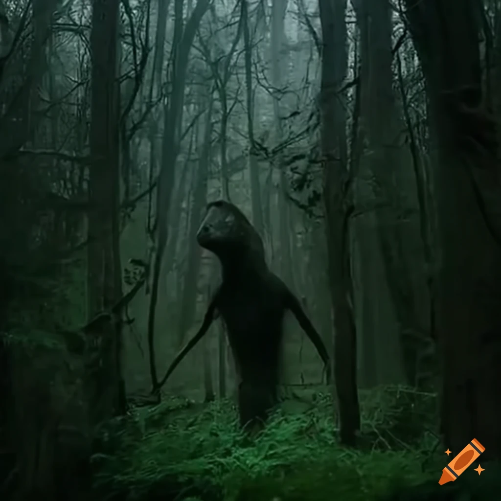 Trail camera footage of a mysterious tall creature in the woods on Craiyon