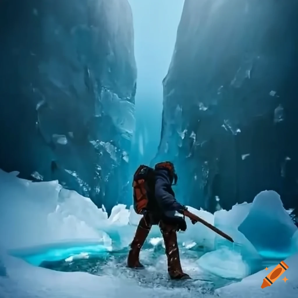 Backpacker breaking ice with a large axe on Craiyon