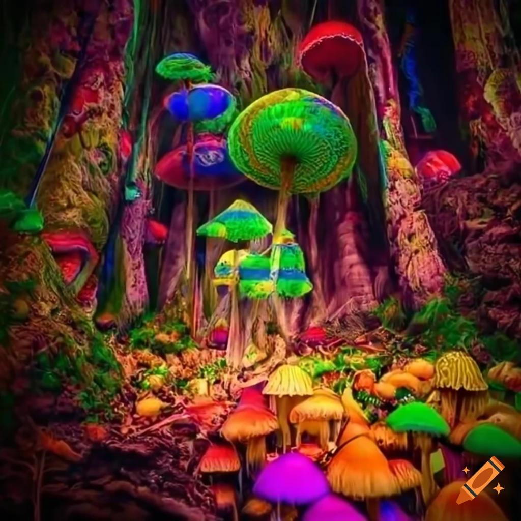 Psychedelic forest with colorful mushrooms in a cave setting on Craiyon