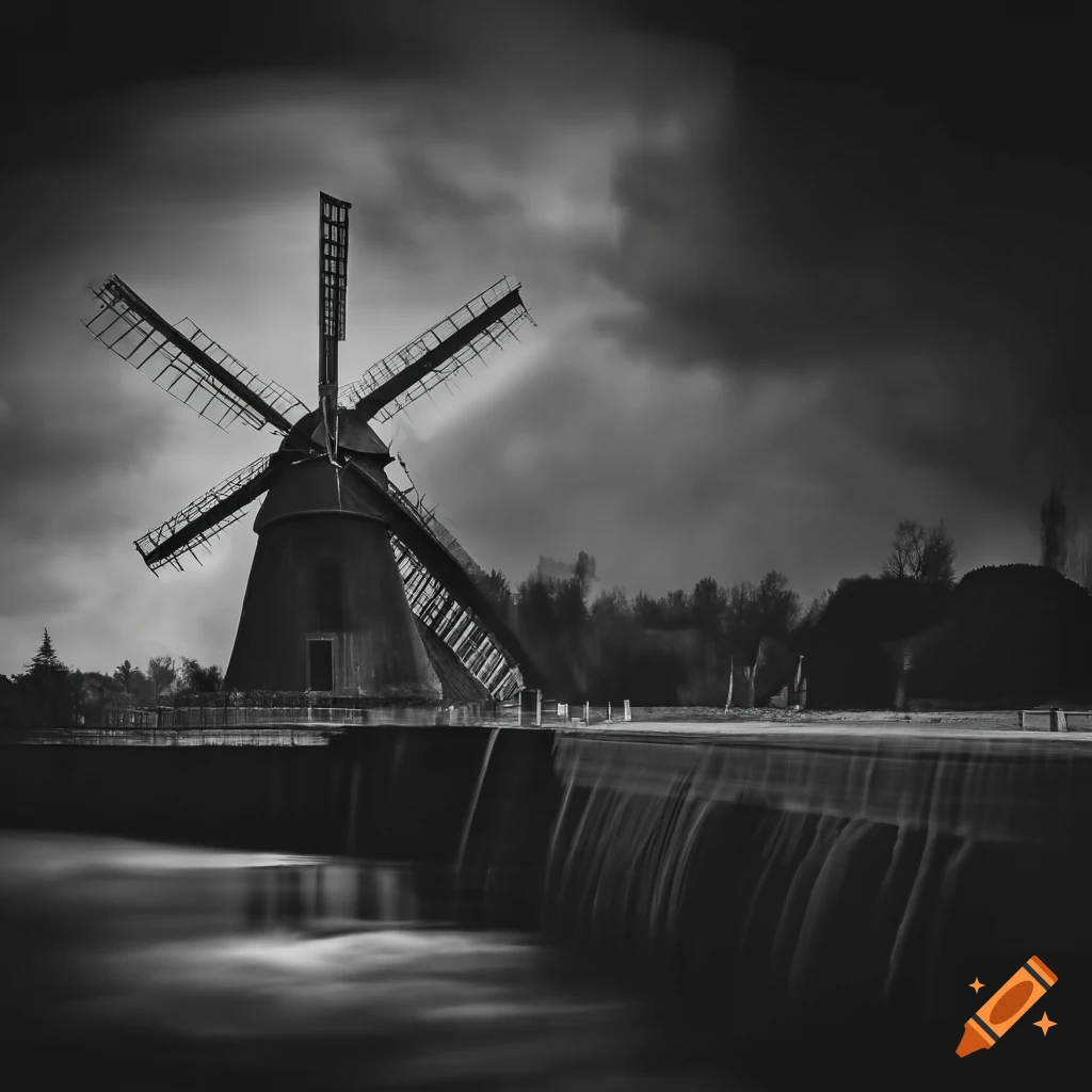 Monochrome image of a windmill and a water wheel on a large dam on Craiyon