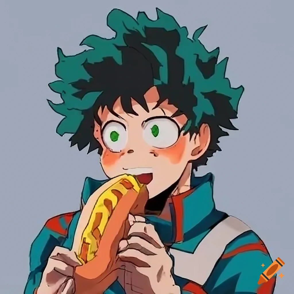 Deku enjoying fried chicken and a hotdog on Craiyon