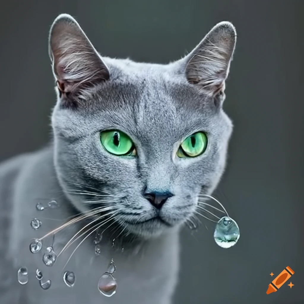 Russian blue cat in mist with water droplets on whiskers on Craiyon