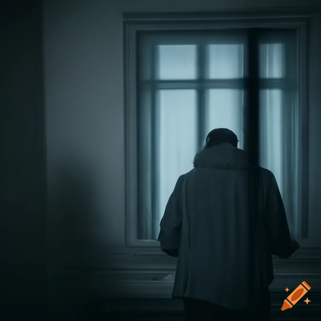Mysterious man looking through dark, misty window at night on Craiyon