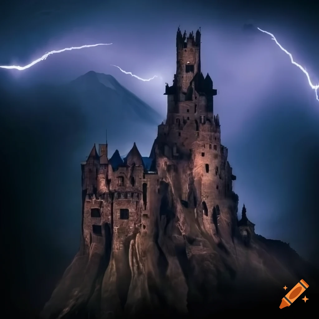 Dark and foreboding castle with mountain backdrop and lightning on Craiyon