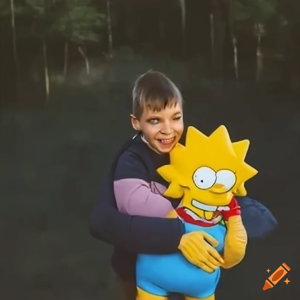 Enthusiastic young student hugged and carried by giant lisa simpson ...