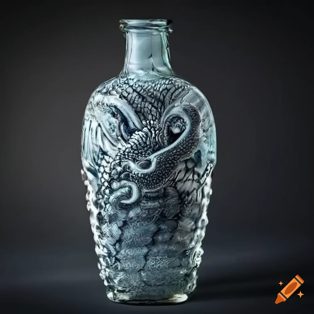 Intricate glass bottle with dragon motif on Craiyon