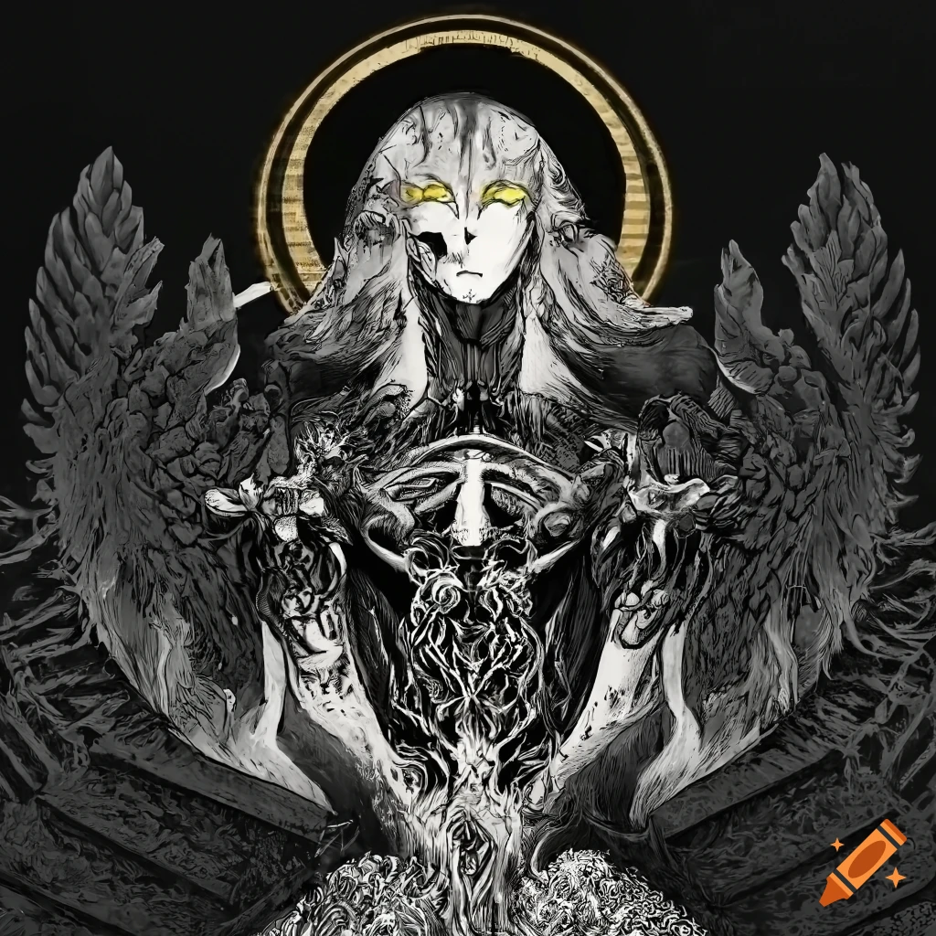 Gold, white, and black angelic demon apostle in Art Nouveau style ...