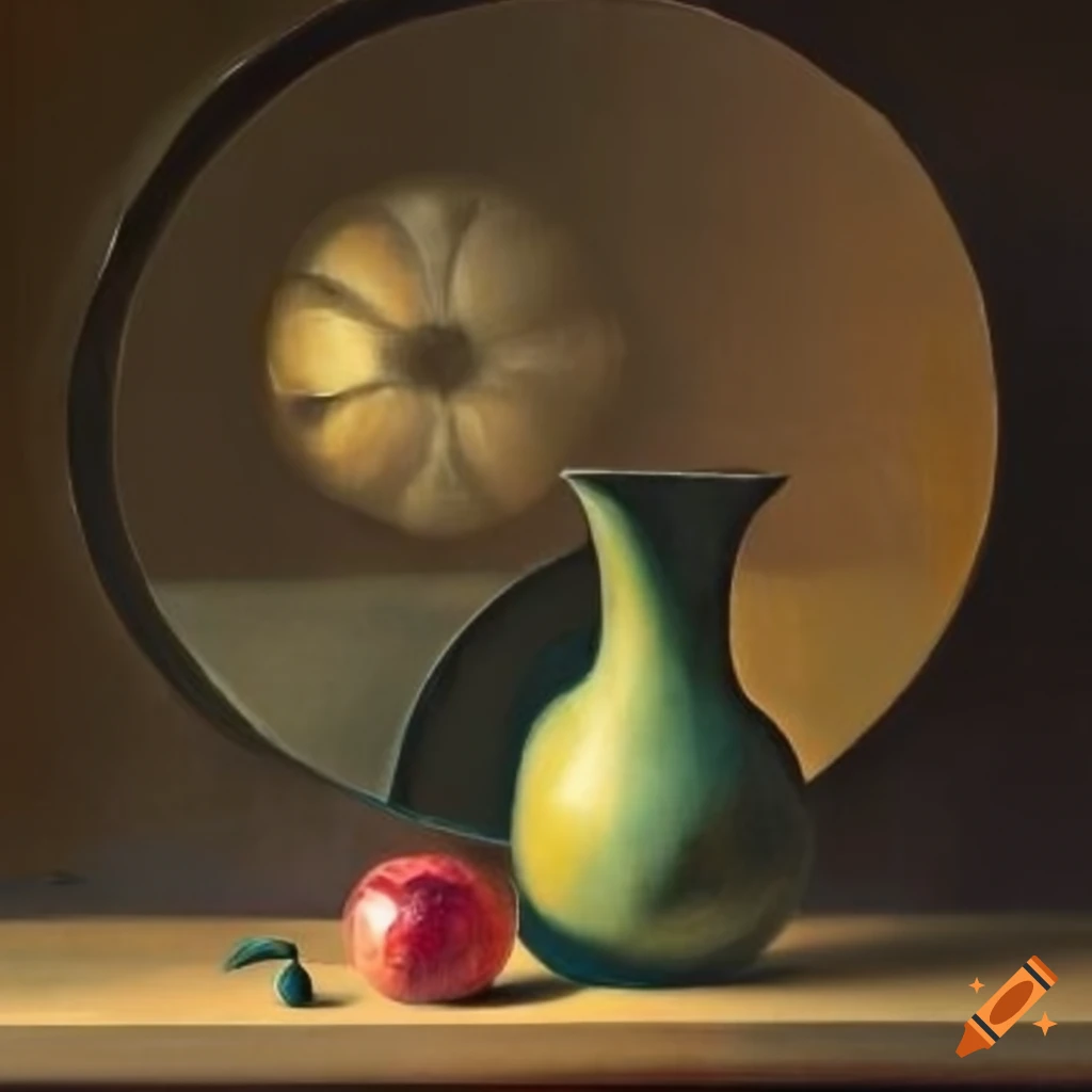 Still life painting and mirror reflecting the scene on Craiyon
