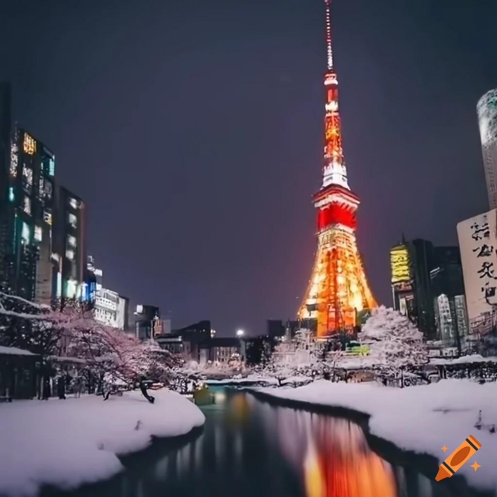 First snow on tokyo streets at night with tokyo tower in the background ...