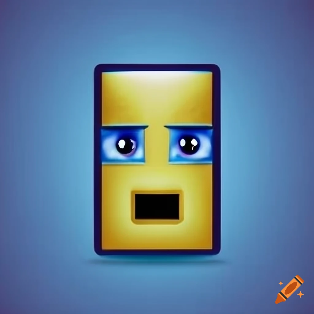 Yellow cube with blue square eyes and blue rectangle mouth on Craiyon