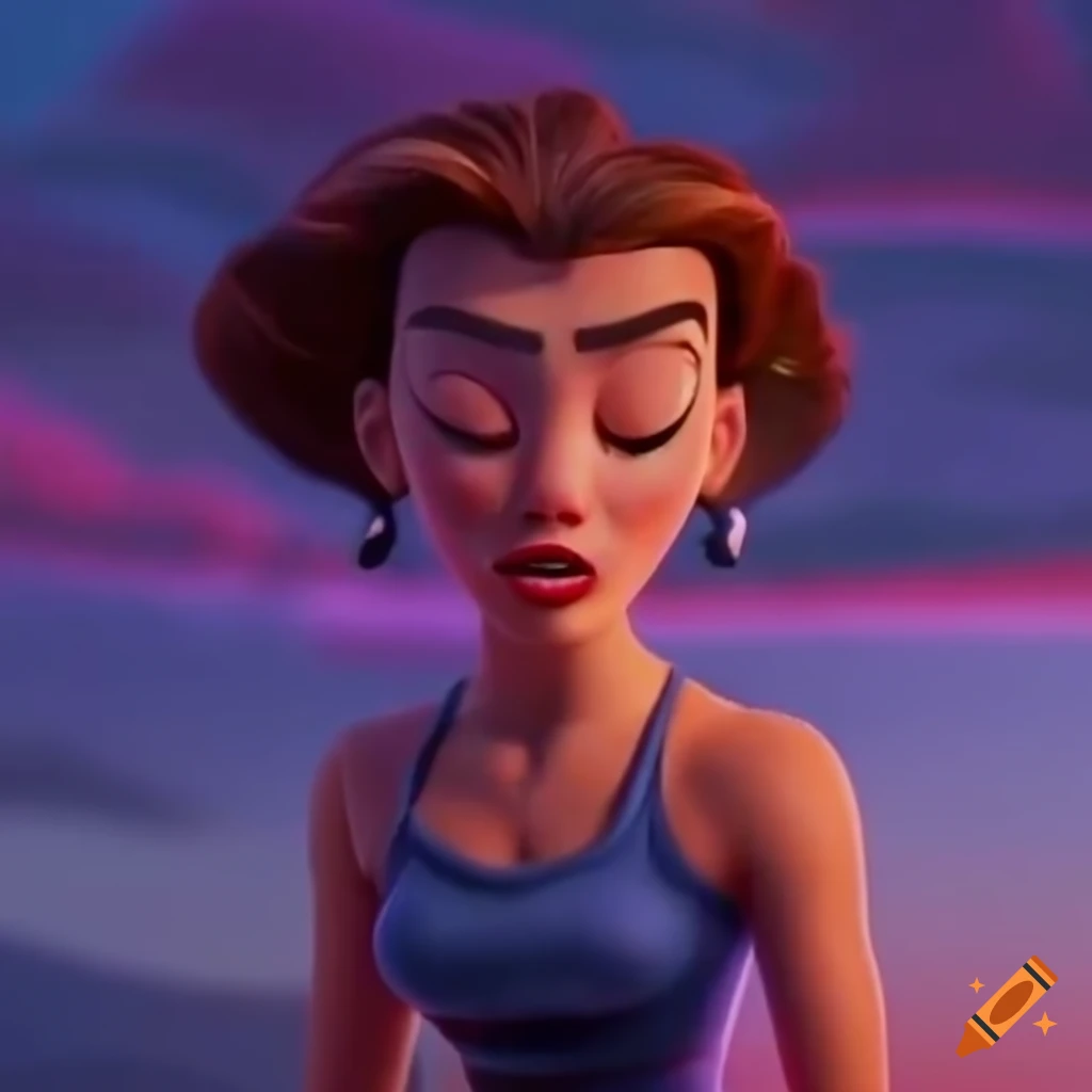 Bruised woman fighter dizzy and wobbled in Disney screencap on Craiyon