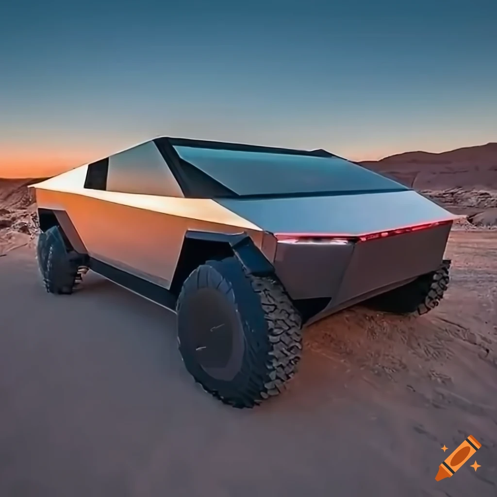 Tesla Cybertruck parked in the Mojave Desert on Craiyon