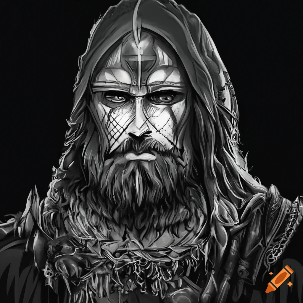 Slavic warrior in full armor with long dark hair and beard in black and ...
