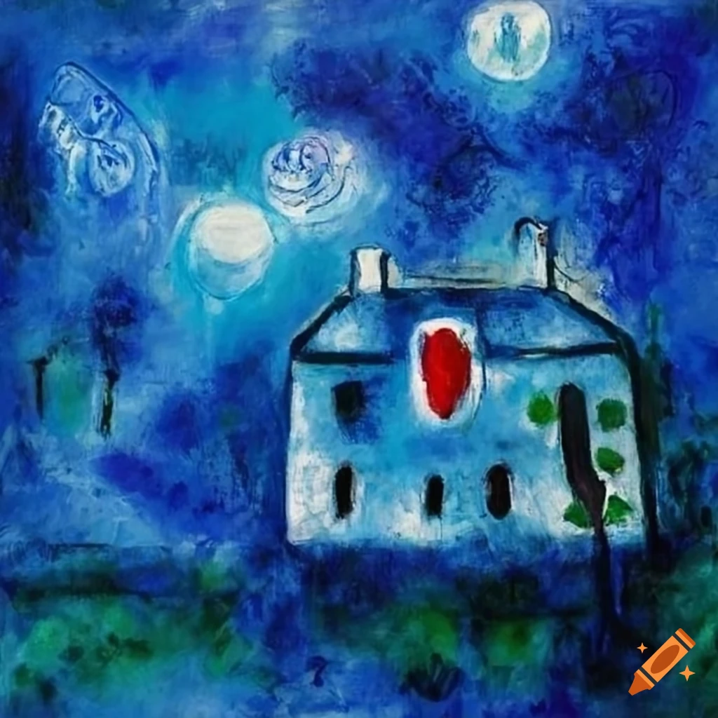 Blue house landscape in the style of mark chagall in paris on Craiyon