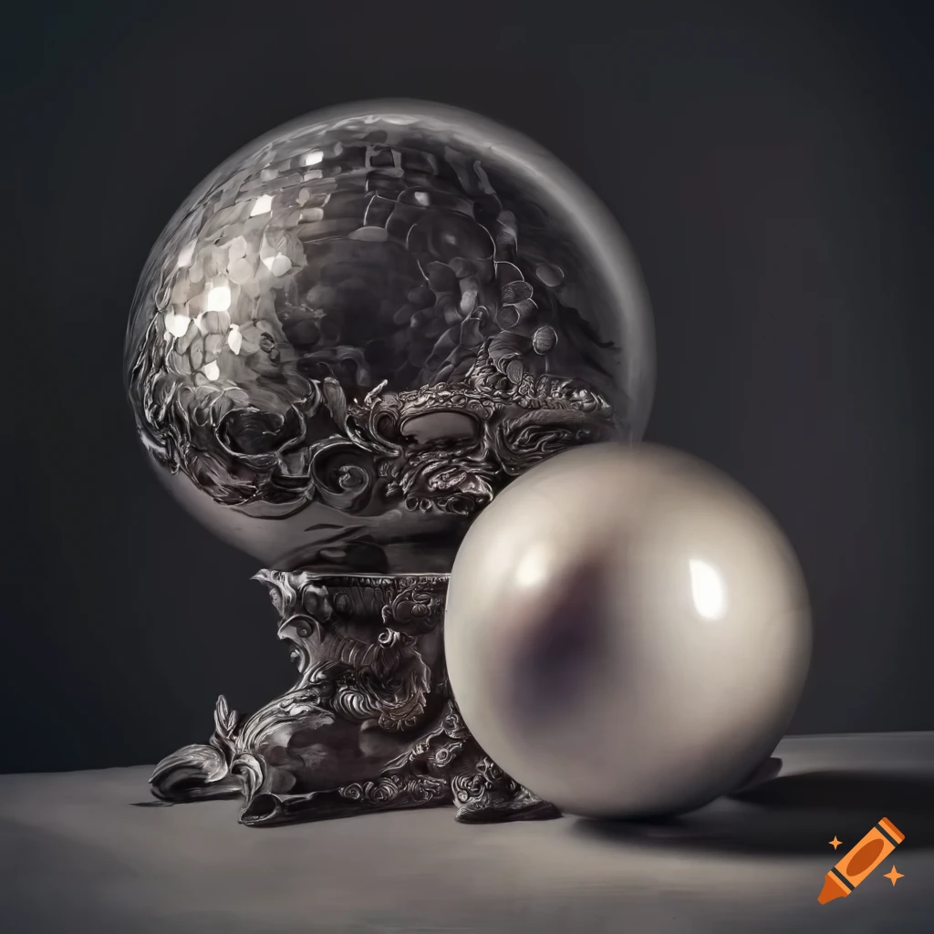 Reflective silver sphere and baroque mirror in a still life setting on ...