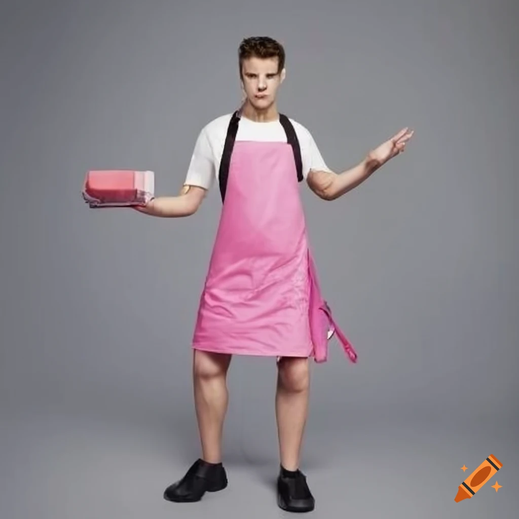 Man in pink apron offering a product on Craiyon