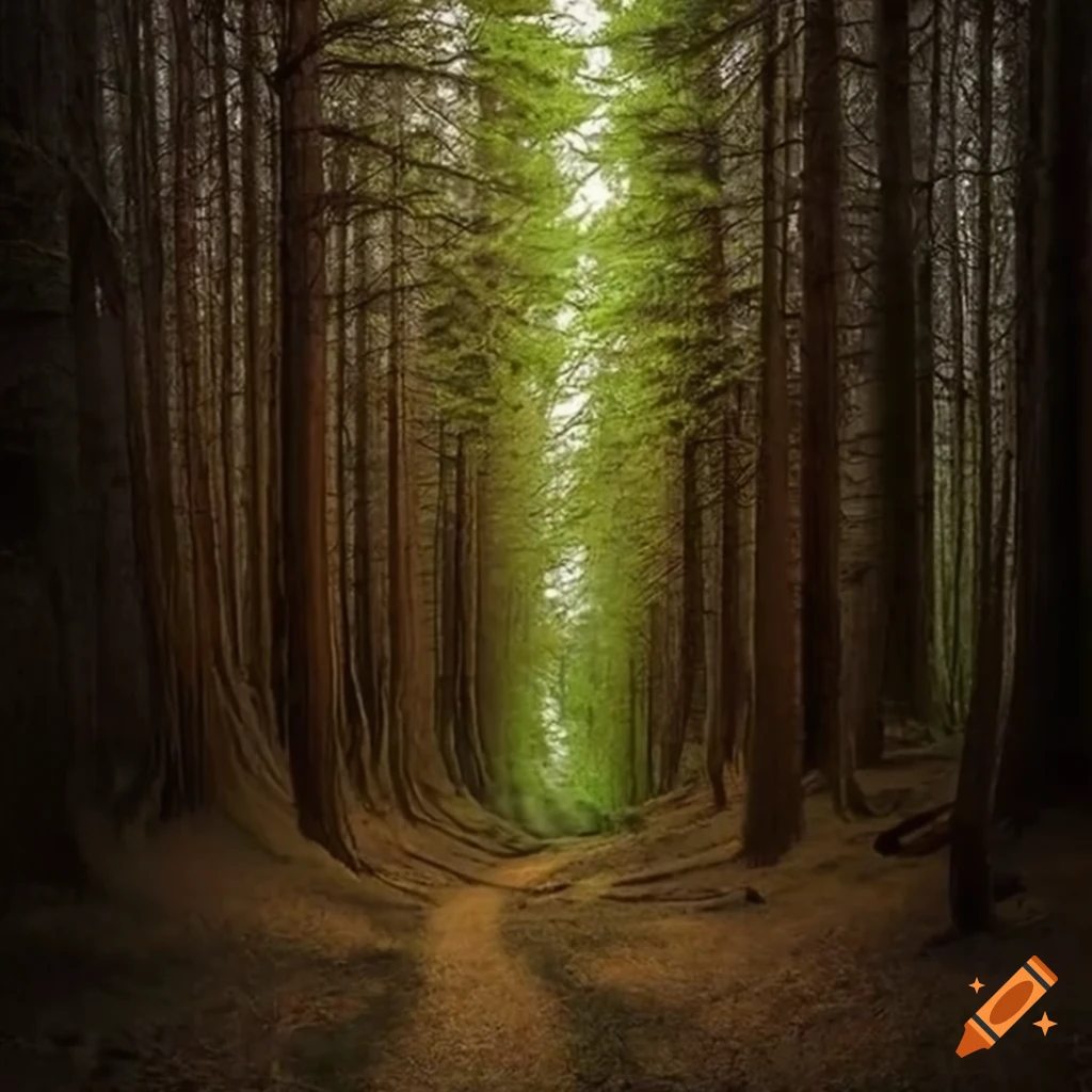 Surreal narrow winding path among tall pine trees with sharp needles ...